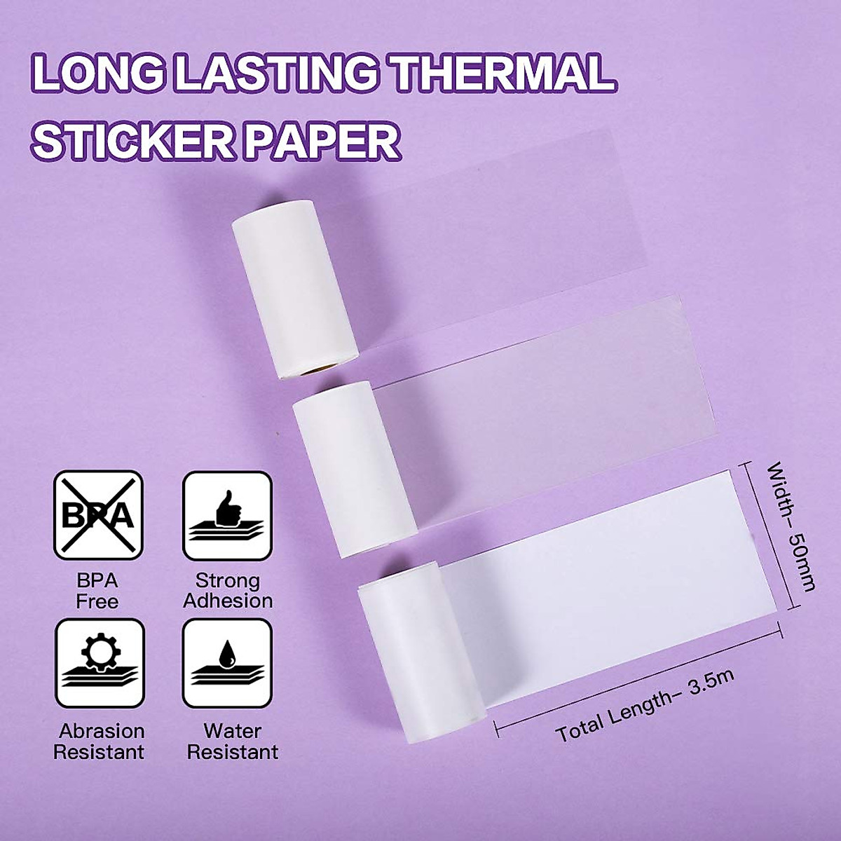 Phomemo 3 Roll Adhesive Thermal Sticker Paper, White/Transparent/Semi-Transparent Thermal Paper,for Phomemo M02/M02 Pro/M02S/M03/M03AS/M04S Mini Bluetooth Pocket Printer, 50-53mm Width,2.5-3.5m Length