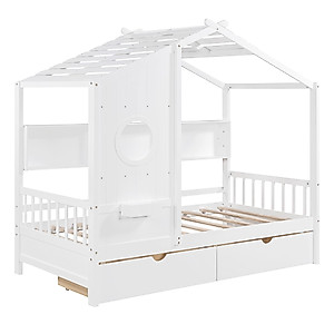 Wooden Twin Size House Bed with 2 Drawers,Kids Bed with Storage Shelf,for Kids Boys Girls Teens Bedroom Use (Twin, White@Drawers)