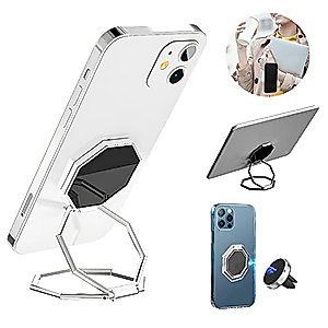QYHOO Phone Ring Holder Finger Kickstand, Folding 360° Rotation Ultra-Thin Metal Grip for Magnetic Car, Mount Desktop, Compatible with iPhone, All Smart Phones, Tablets (Silver)
