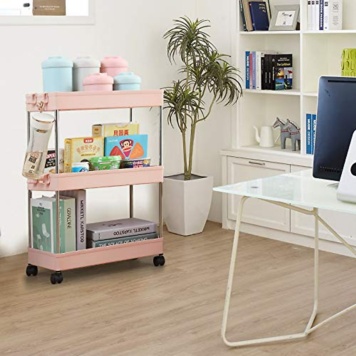 DILUOOU 3 Tier Slim Storage Cart, Mobile Shelving Unit Organizer Slide Out Rolling Storage Racks with Wheels, for Kitchen Bathroom Laundry Room Narrow Places，Pink