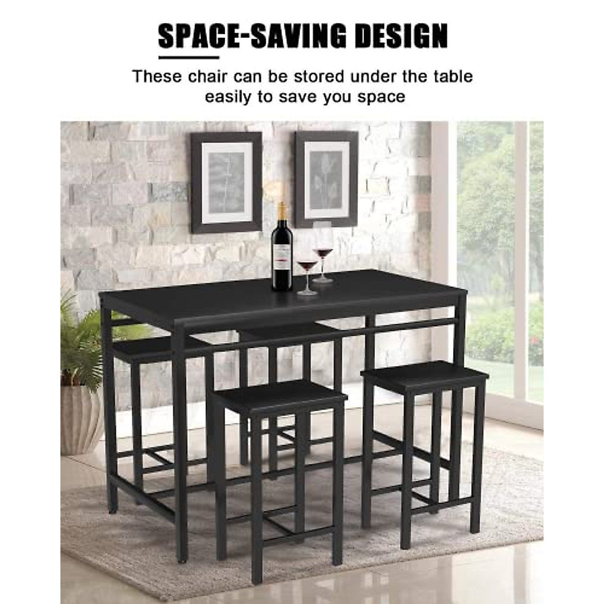 MIERES 4, Counter Height Table & Stools, Bar Chairs, Kitchen Dining Table Set for Breakfast Nook, Small Space Living Room, Black