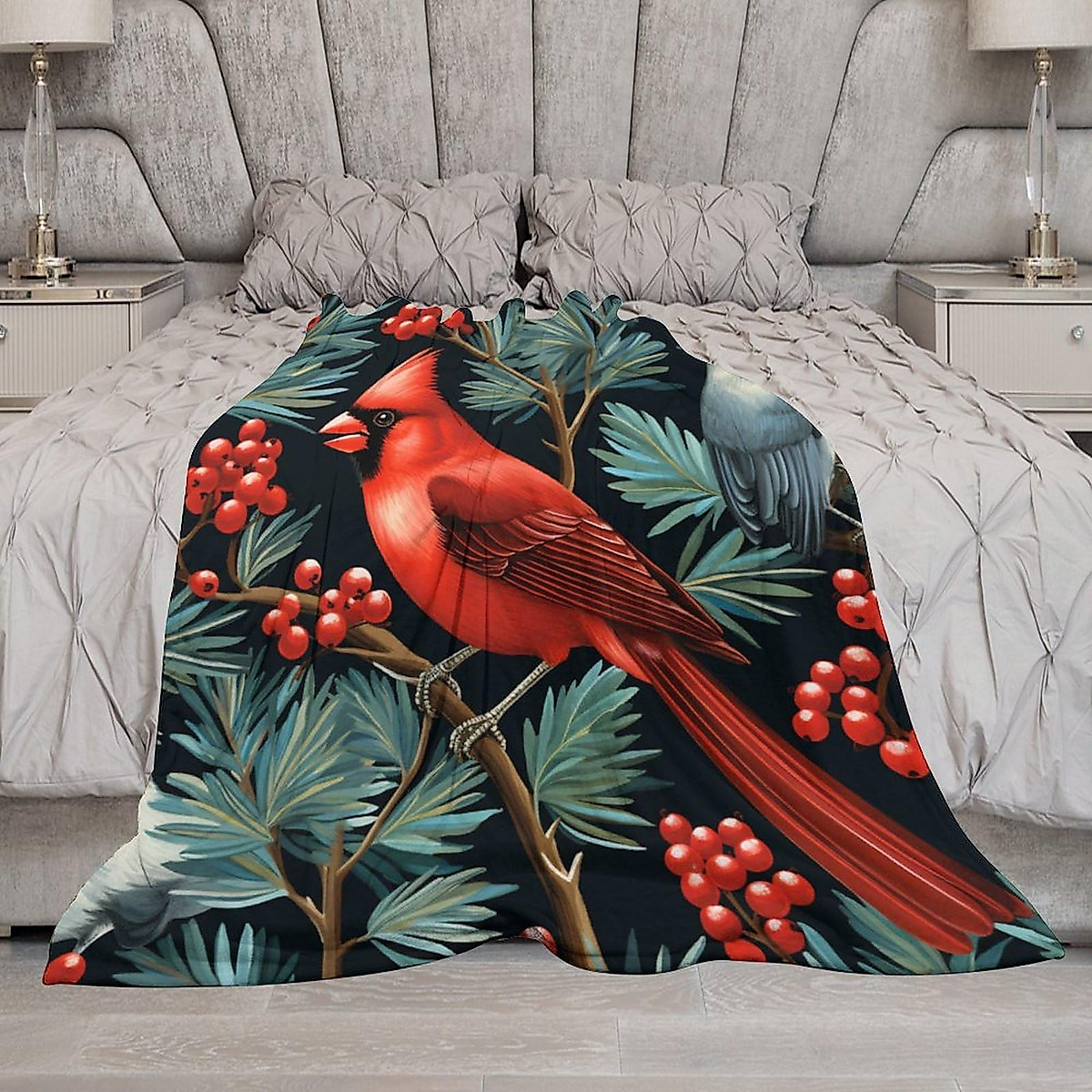 Winter Christmas Cardinal Bird Red Berries Blanket Memorial Christmas Throw Blankets for Bed 40"x50" Soft Cozy Microfiber Throw Blanket for Couch Sofa Bed for Girls Birthday Valentines Gifts