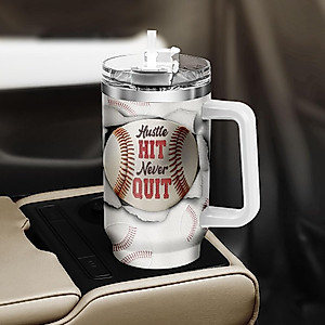 99WHALE Baseball Hustle Hit, Simple Life Women Tumblers White Handle Modern Insulated Swig Cup Red Boys Men For, Baseball Gifts, Tumbler 40 Oz With Handle Lid And Straw