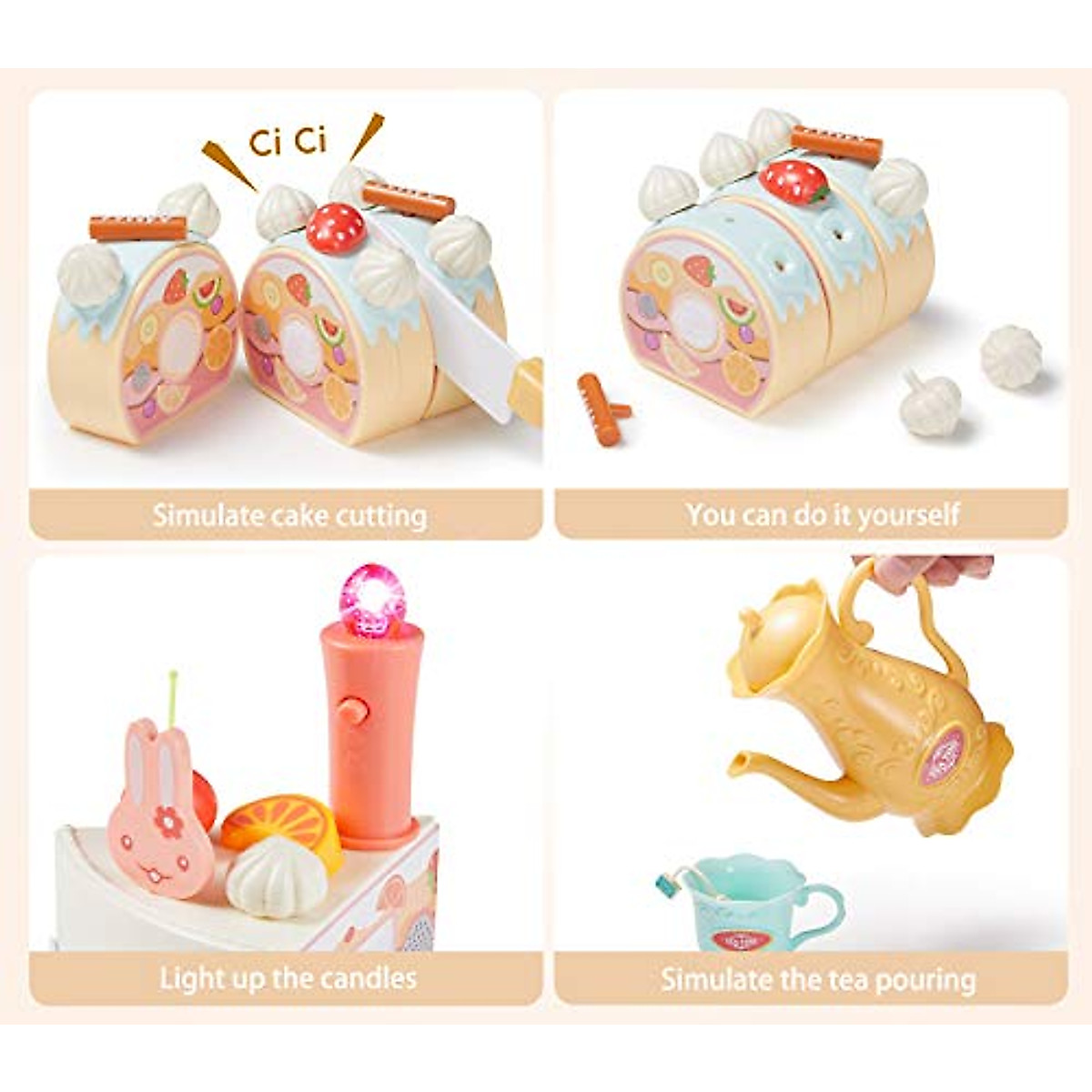 Birthday Cake Toys Set, Geyiie Cake Play Tea Party Dessert Set with Light, 88 PCS Pretend Play Cutting Food with Chocolate,Fruit Decor,Candles and More,Gift Choice for Toddlers Boys Girls