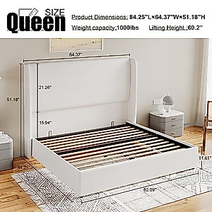 Jocisland Queen Size Lift Up Storage Bed Linen Upholstered Platform Bed Frame/Hydraulic Storage/Modern Wingback Headboard/Wood Slats Support/No Box Spring Needed/White