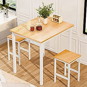 Recaceik 3 Piece Dining Table Set for 2, Space Saving Kitchen Table Set with 2 Stools, Metal Frame and MDF Board Dinette Table and Chairs, Dining Room Table Set for Kitchen, Small Space, Walnut