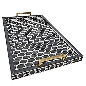 Moroccan Pattern Quatrefoil Bone Inlay Rectangular Serving Tray Brushed Brass Handles Dinner Coffee Decorative Gray