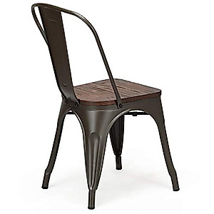 GOFLAME Set of 4 Metal Dining Chairs with Wood Top Seat, Tolix Style Stackable Bistro Cafe Side Chair, Indoor Outdoor Dining Chairs with High Backrest, Perfect for Living Room, Restaurant (Gun)