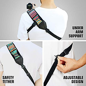 USA GEAR Camera Sling Shoulder Strap with Adjustable Neoprene, Safety Tether, Accessory Pocket, Quick Release Buckle - Compatible w/ Canon, Nikon, Sony and More DSLR and Mirrorless Cameras (Southwest)