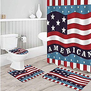 4PCS Bathroom Set Independence Day 4th of July Shower Curtain Sets with Non-Slip Rugs Toilet Lid Cover and Bath Mat Embroidery American Flag Stars and Stripes Simple Bath Curtains with 12 Hooks