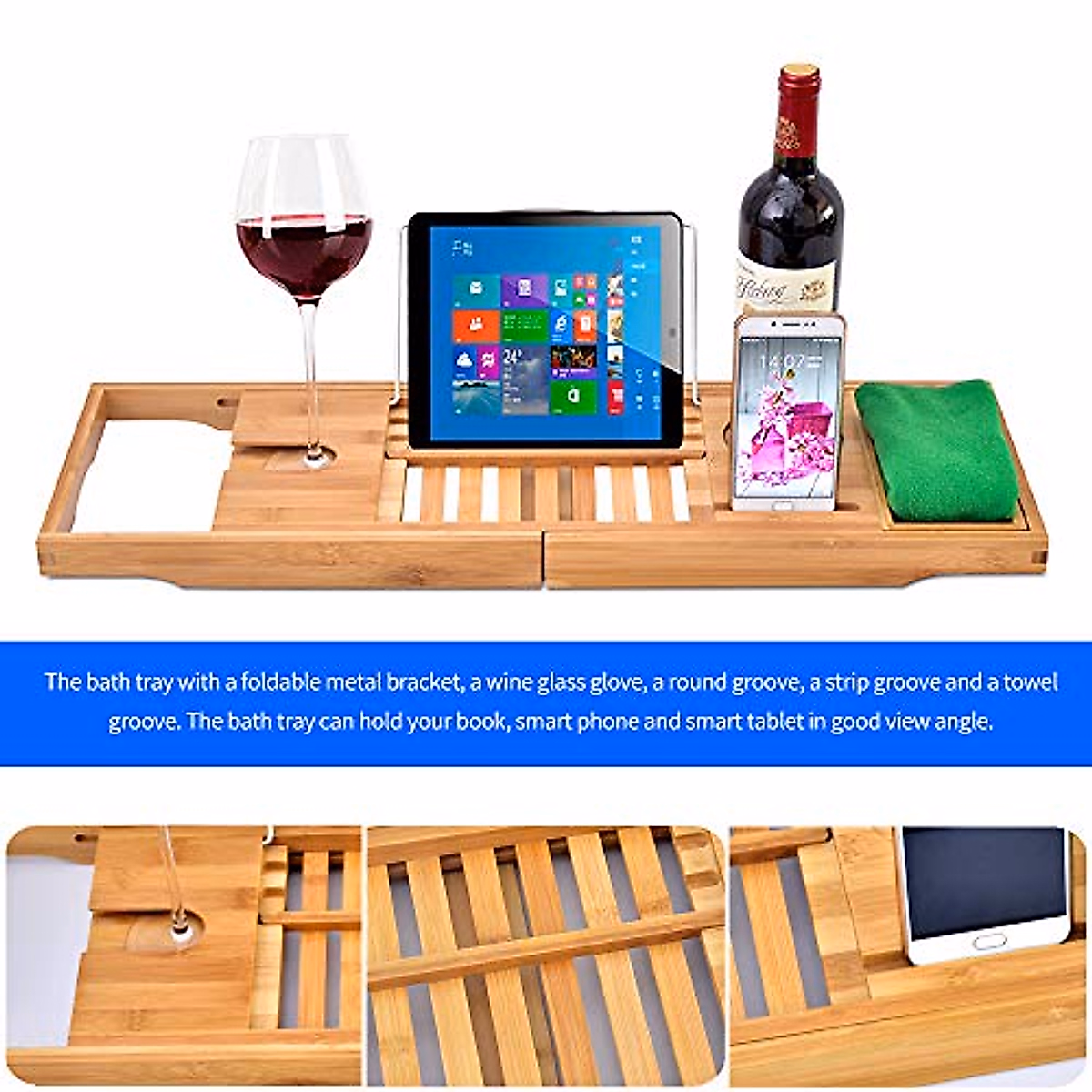 DDSKY Premium Bamboo Bathtub Caddy Tray Extendable Bath Tray Rack Bathtub Caddy Organizer with Wine Glass Holder, Book/Tablet Holder