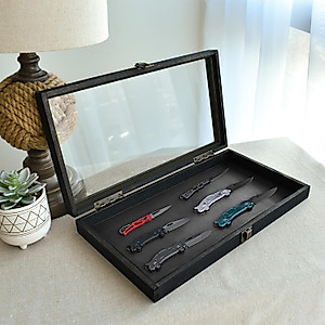 MOOCA Wood Tempered Glass Top Jewelry Display Case Accessories Storage Box with Metal Clasp, Wooden Jewelry Tray for Collectibles, Pocket Knife Display Case, Black