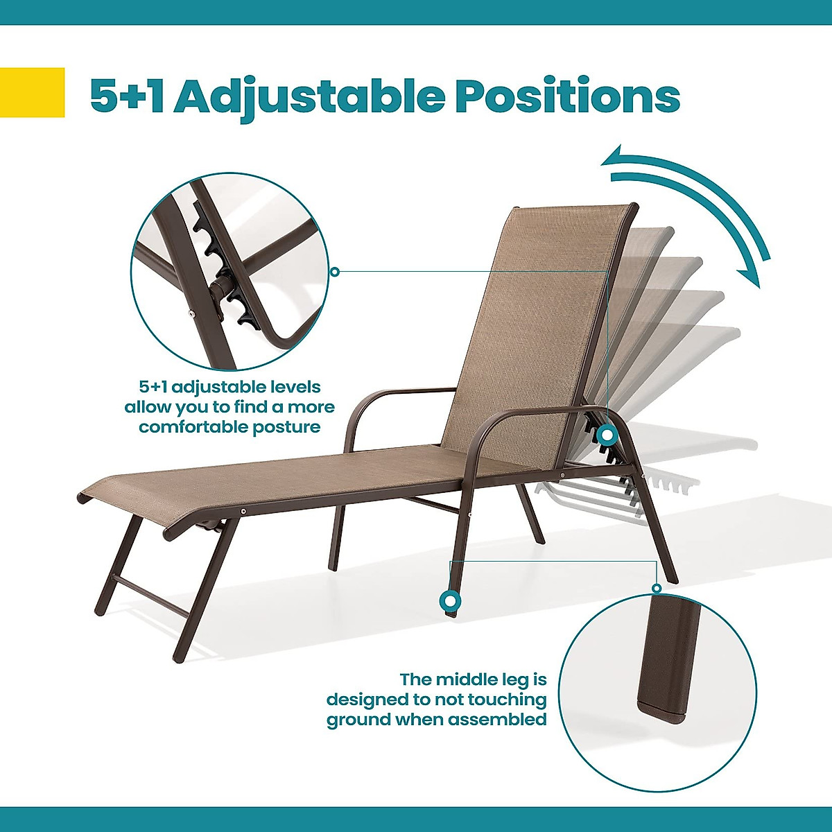 Pellebant Aluminum Pool Lounge Chairs Set of 2, Patio Chaise Lounge with Adjustable Backrest & Armrest, Heavy Duty Pool Lounge Chairs for Outside, Lawn, Yard, Patio, Pool(2pcs,Brown)