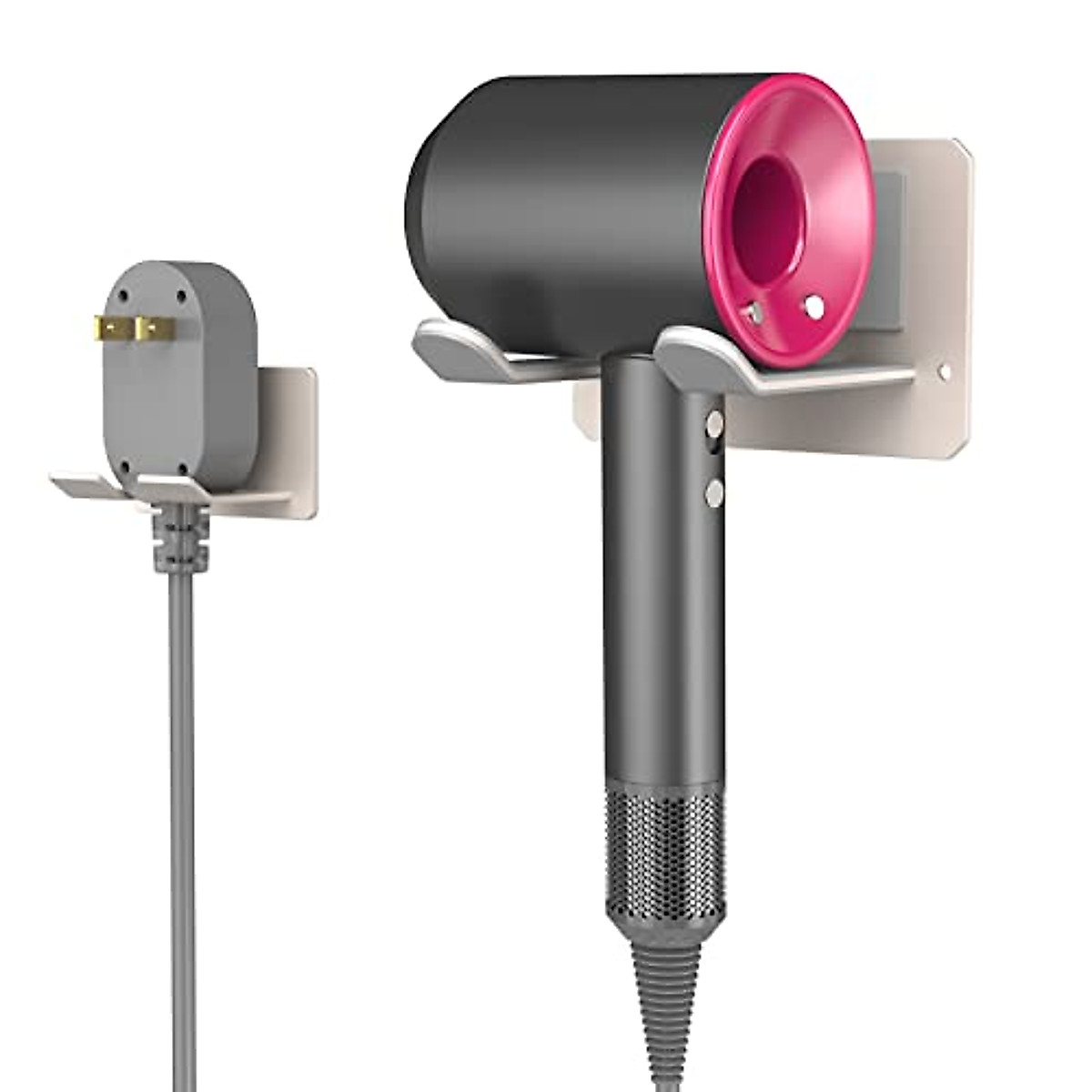 Adhesive Hair Dryer Holder Wall Mount - Adhesive Bathroom Vanity Blow Dryer Holder Organizer Compatible with Dyson Hair Dryers (Milk Tea)