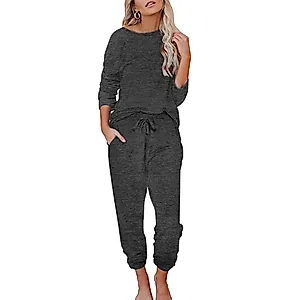 Ekouaer Womens Pajamas Set Long Sleeve Loungewear Soft Lounge Set Joggers with Pockets,Medium,Dark Grey