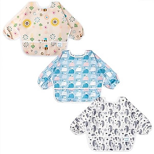 3 Pcs Long Sleeved Bib Set | Baby Waterproof Bibs with Pocket Bundle | Toddler Bib with Sleeves and Crumb Catcher | Stain and Odor Resistance Play Smock Apron - Pack of 3 | 6-24 Months