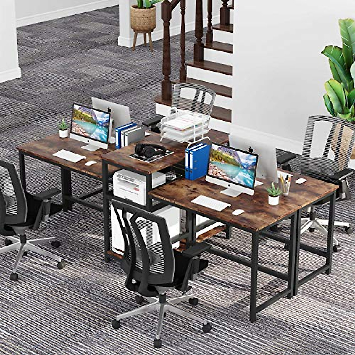 Tribesigns 96.9" Double Computer Desk with Printer Shelf, Extra Long Two Person Desk Workstation with Storage Shelves, Large Office Desk Study Writing Table for Home Office, Dark Brown