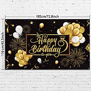 Blulu Happy Birthday Backdrop Banner Sign Poster Large Fabric Glitter Balloon Fireworks Sign Birthday Photo Backdrop Background for Birthday Party Decoration Supplies, 72.8 x 43.3in (Black and Gold)