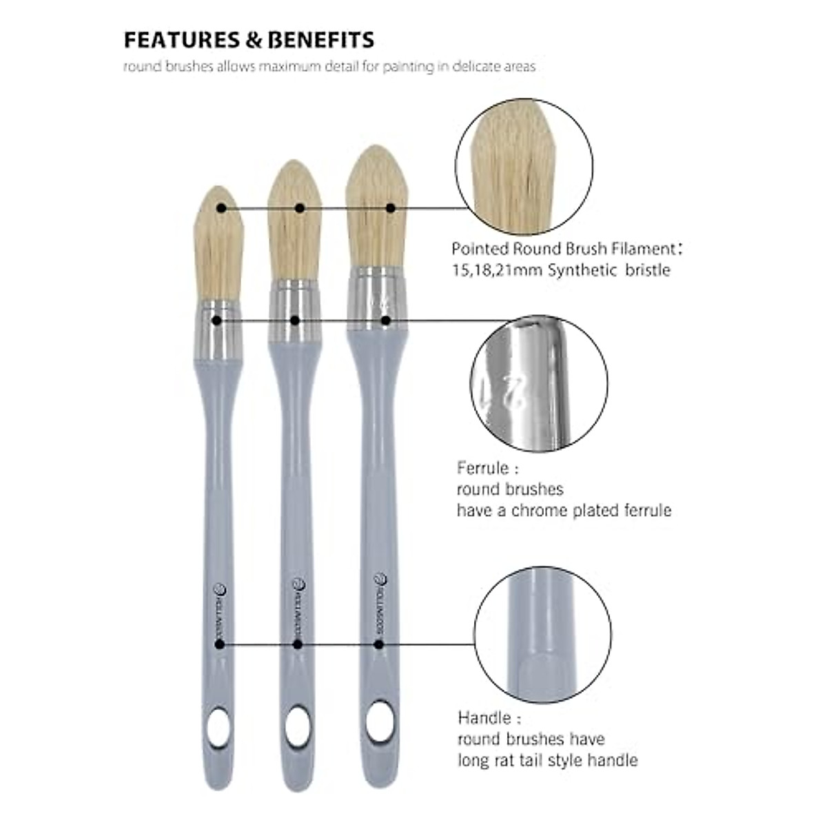 ROLLINGDOG Edge Paint Brush-Trim Paint Brush,3 Pointed Round Edge Brushes and 3 Flat Paint Brushes for Sash,Stain,Varnish,Baseboards(Pack of 6)