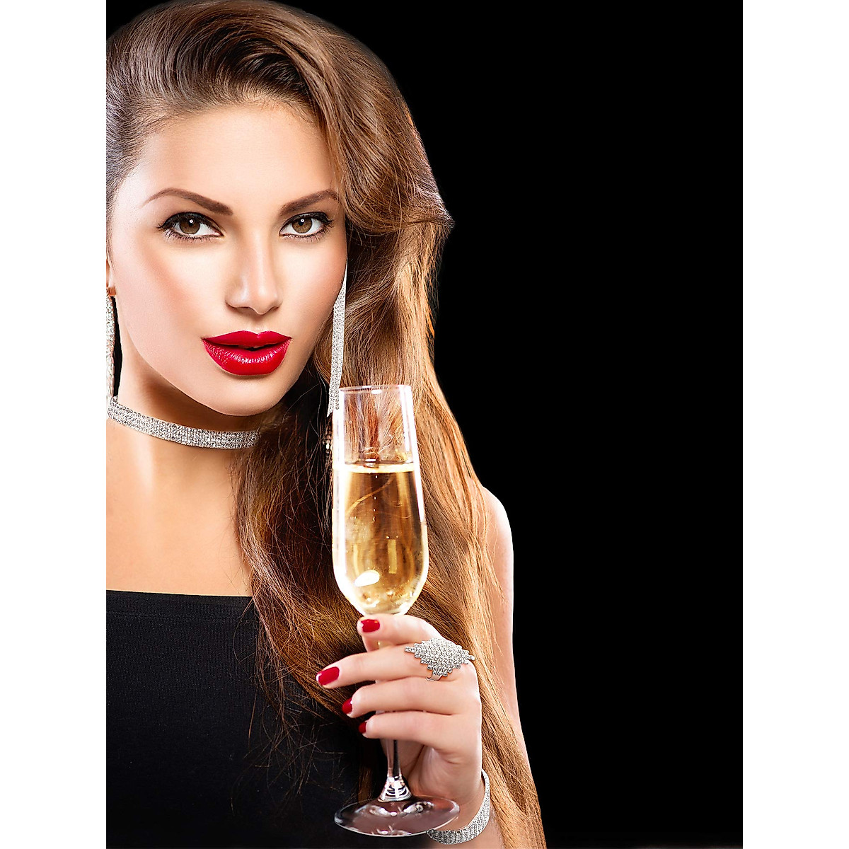 Women Rhinestone Stretch Bracelet Bangle Crystal Rhinestone Necklace Ring Dangle Fringe Earrings (Silver)