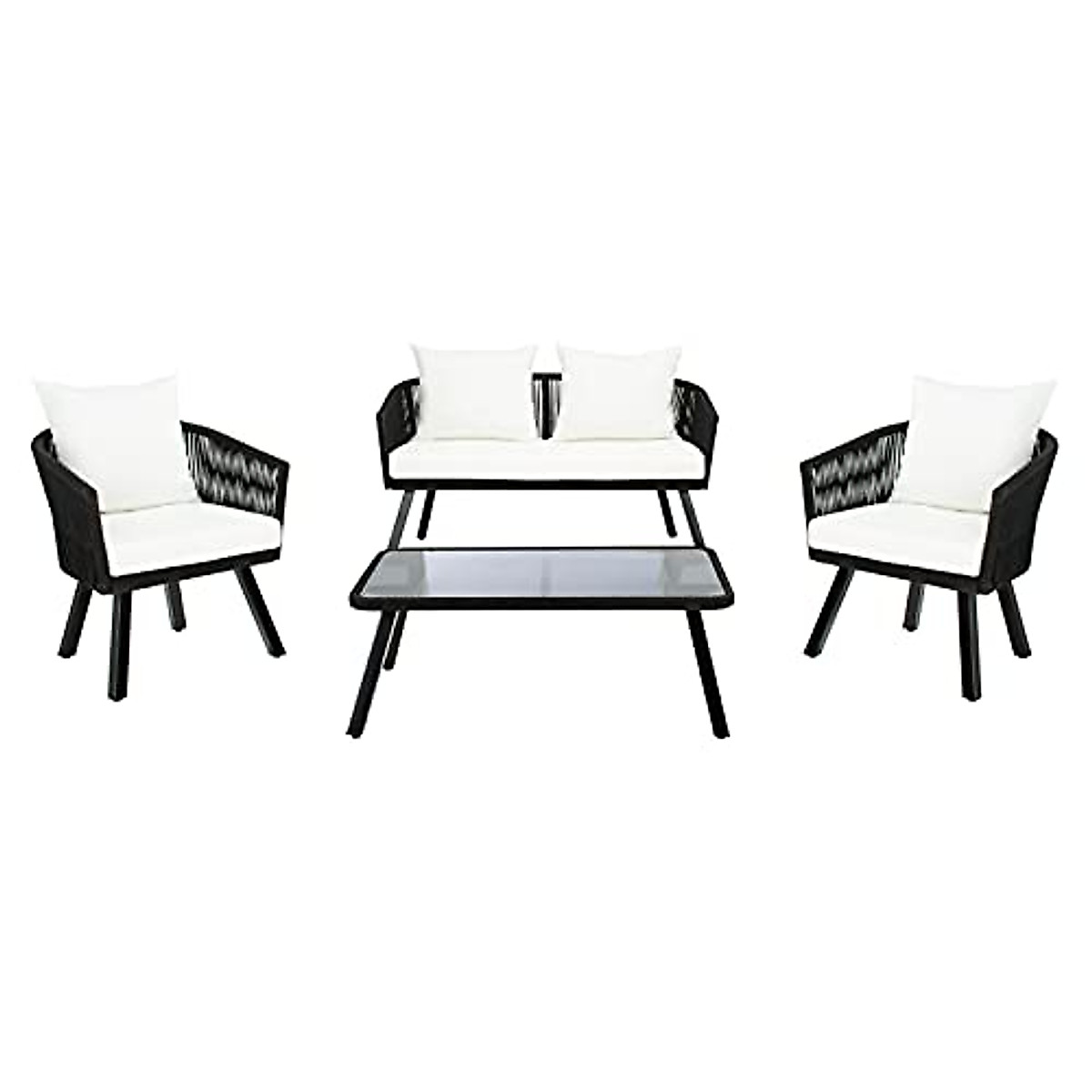 Safavieh Outdoor Collection Belmi Wicker Cushion 4-Piece Rope Patio Backyard Living Set PAT7517B, Black/Beige