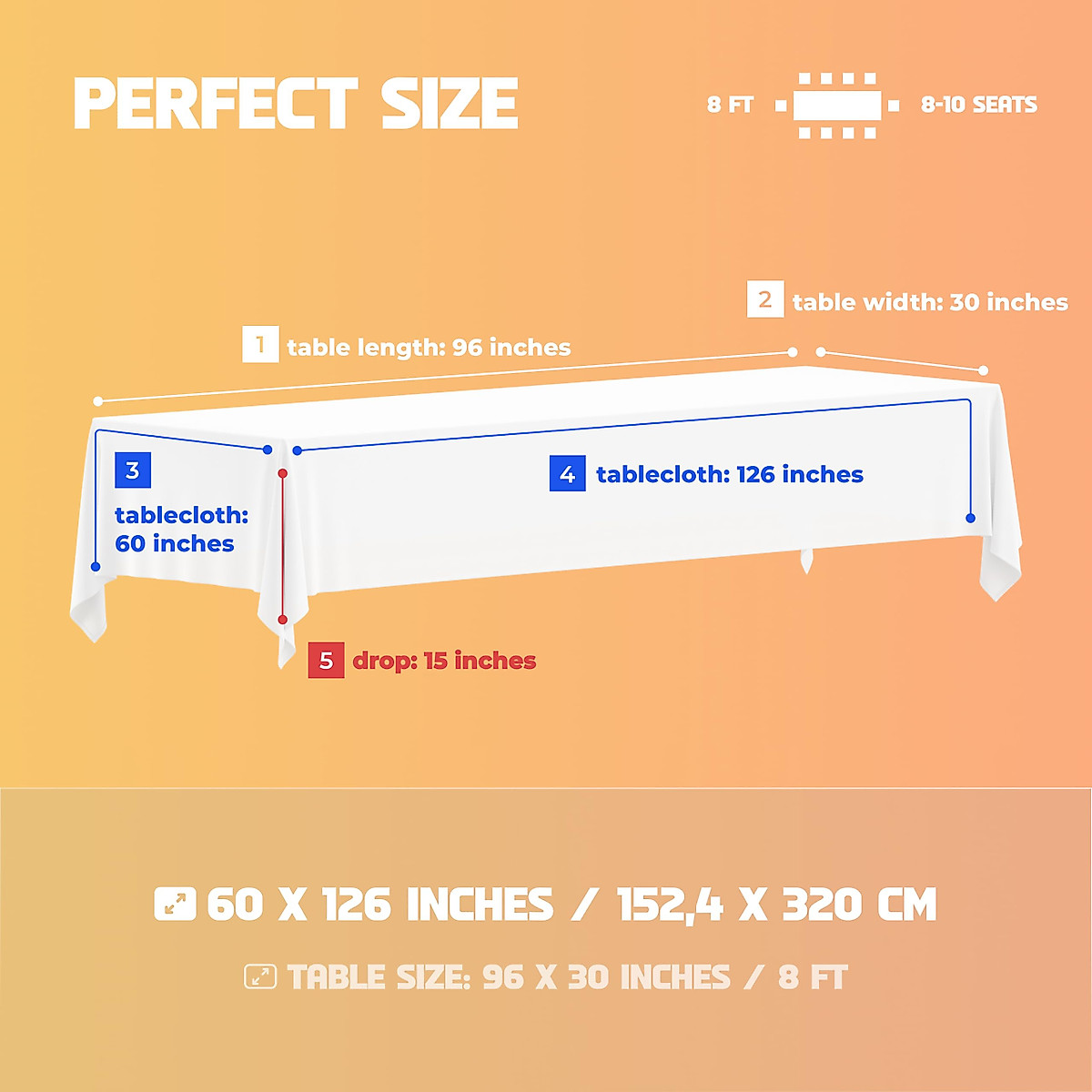 WEALUXE White Table Cloths for 8 Foot Rectangle Tables, 2-Pack, 60x126 inches, Water, Stain and Wrinkle Resistant, 200 GSM Washable Poly Fabric Tablecloths Rectangular, Elegant and Durable