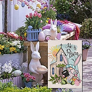 Covido Home Decorative He is Risen Religious Church Bunny Gnome Easter Garden Flag, House Yard Polka Dots Eggs Hyacinth Flowers Outside Decoration, Spring Floral Outdoor Small Decor Double Sided 12x18