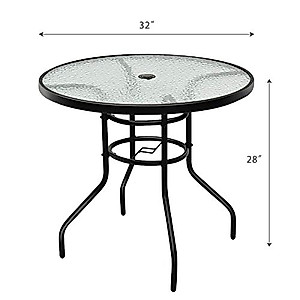 Tangkula 32" Outdoor Patio Table Round Steel Frame Tempered Glass Top Commercial Party Event Furniture Conversation Coffee Table for Backyard Lawn Balcony Pool with Umbrella Hole