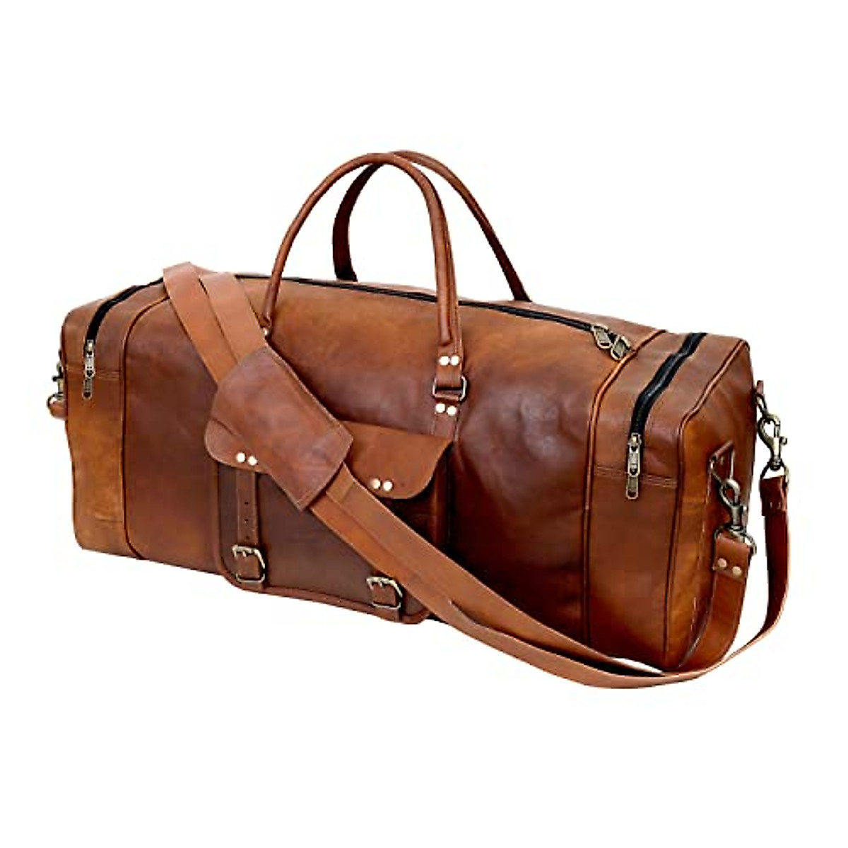Cuero Leather Duffle Bag for Men & Women, Overnight Weekender Garment Duffel Bags for Travel with Free Toiletry Bag, Carry On Mens Weekend Bag for Traveling, Gym, Sports - 28 Inch, Brown