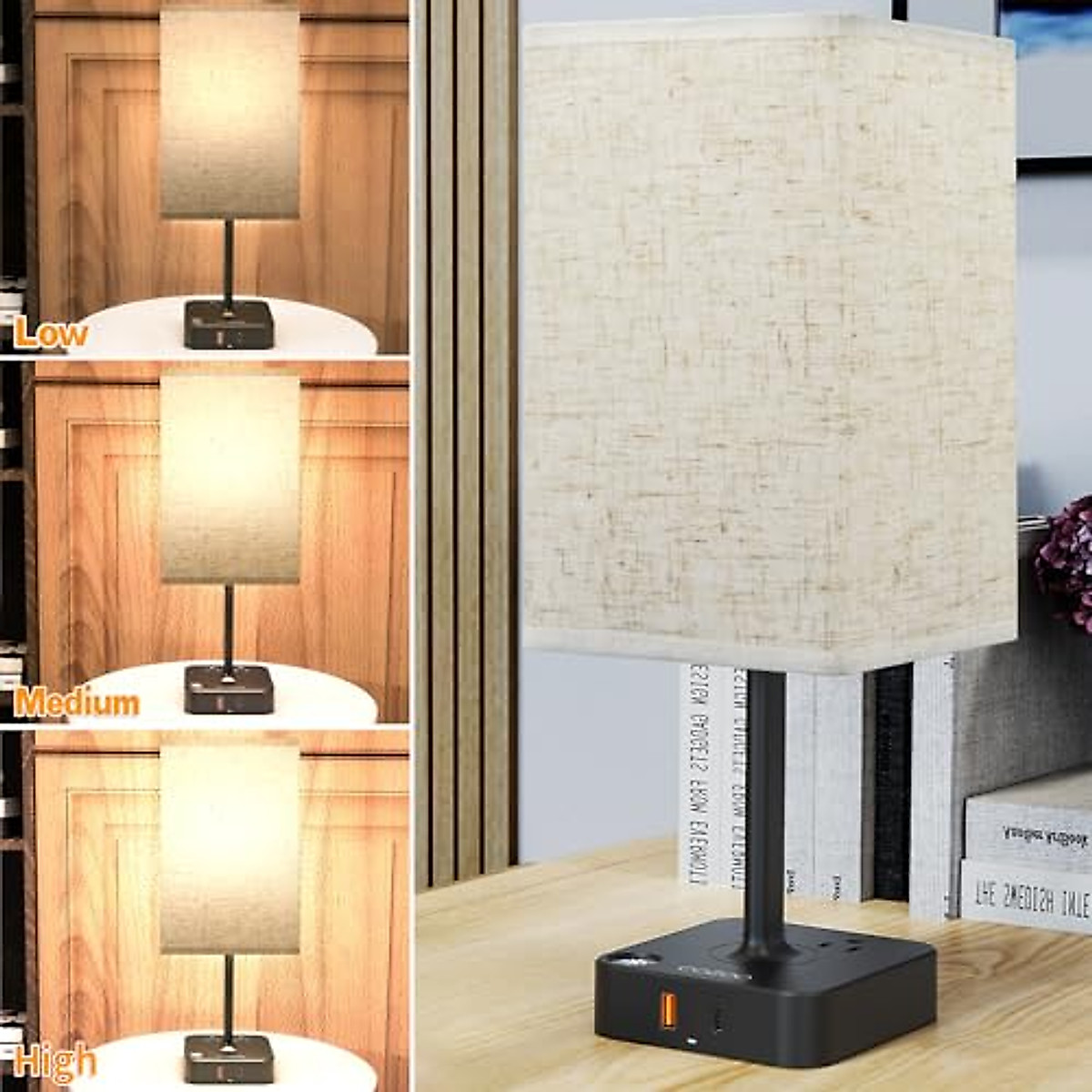 COZOO USB Bedside Dimmable Table Desk Lamp with 2 USB Charging Ports 2 Outlets Power Strip,Black Charger Base Flaxen Fabric Shade, LED Light for Bedroom/Nightstand/Living Room/Dorm/Home Office/College