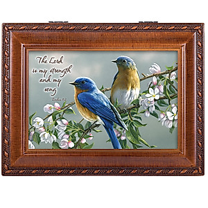 Cottage Garden Watchful Birds Woodgrain Rope Trim Inspirational Music Box Plays Amazing Grace