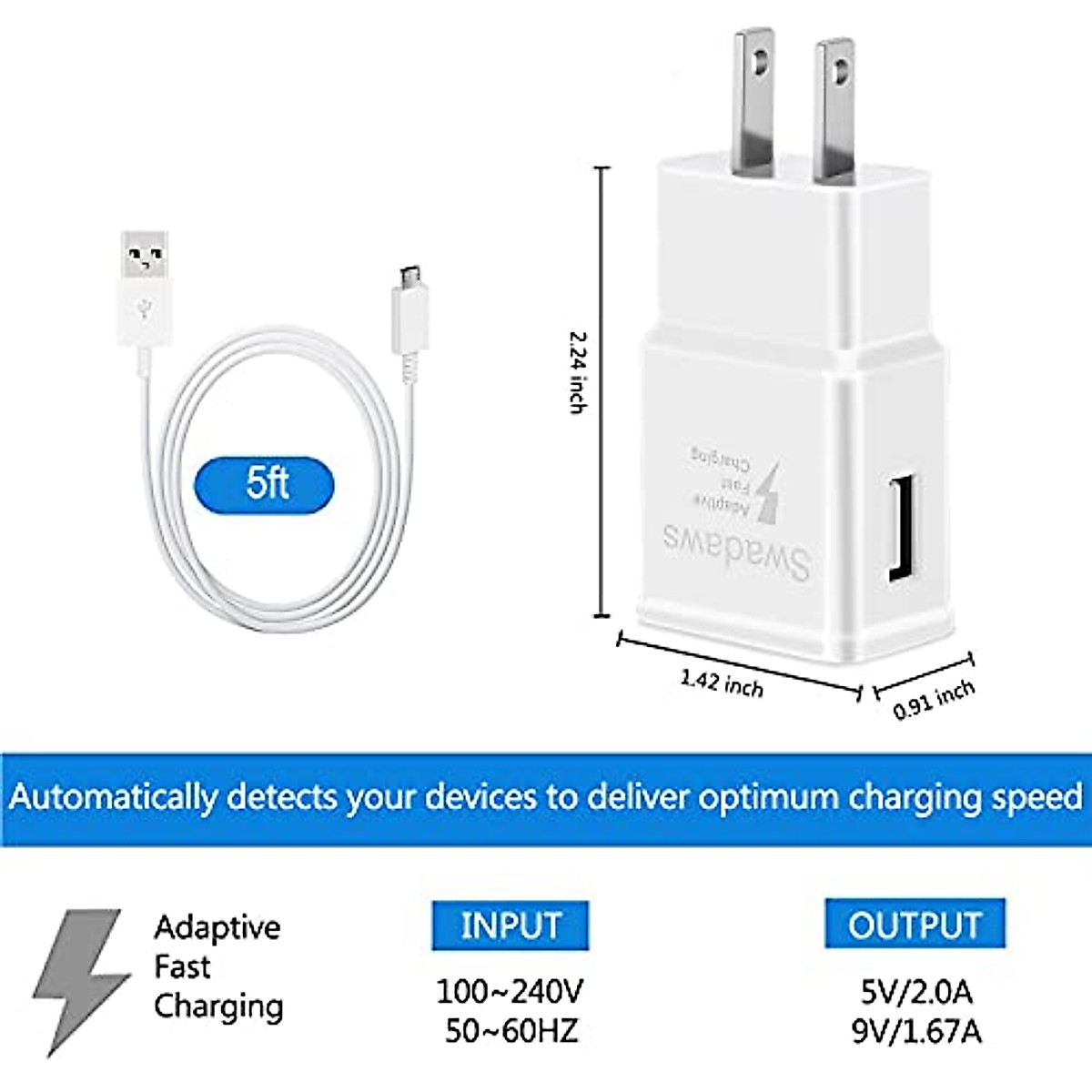 Adaptive Fast Android Charging Wall Charger with 5-Feet Micro USB Cable for Samsung Galaxy S7/S7 E/S6/S6 E/S5/Note5/4 /S4/S3/S2/J7 J7V J5 J3 J3V J2, LG G2 G3 K20, Moto E4 E5 E6, Tablet (2 Pack, White)