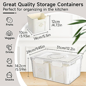banmagately Airtight Fruit Storage Containers for Fridge, Portable Refrigerator Organizer Bins with 4 Removable Fruit Drainer Containers, BPA-Free Produce Saver for Fruits and Veggies (White)