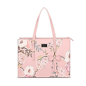 MOSISO Laptop Tote Bag Compatible with MacBook Air 15 inch M2 A2941/Pro 16 M3 M2 M1, 15-15.6 inch Notebook, Peony PU Leather Travel Work Briefcase with Detachable Bowknot & Small Purse, Pink