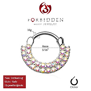Forbidden Body Jewelry 16g 8mm Surgical Steel Double Lined CZ Clicker Hoop (Aurora Borealis)