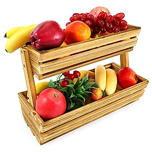 CALM COZY 2-Tier Wooden Fruit Basket, Farmhouse Fruit Basket Counter Top Organizing for Kitchen, Vegetable Stand Bread Racks Produce Basket, Classic Wood Color