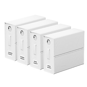 4-Pack Bed Sheet Organizer and Storage Box, Folding Container for Bedding Essentials, Stylish Linen Closet Organizer for Sheets, Duvet Covers, and Pillows (White, Circle Window Design)