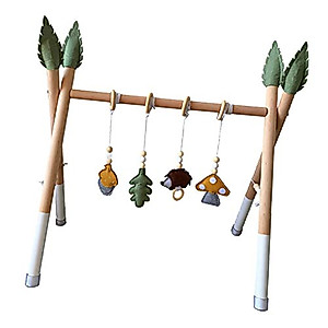 menolana Portable Wooden Baby Gym, Foldable Baby Play Gym Frame with Wooden Baby Toys, Baby Exercise Activity Gym Hanging Bar Newborn Baby Gift - JSJ3-9, with 4 Hanging Toys