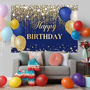 Aperturee Blue and Gold Happy Birthday Backdrop 7x5ft Glitter Golden Dots Diamonds Balloons Women Girls Sweet 16 Bday Photography Background Party Decorations Cake Table Banner Photo Booth Props