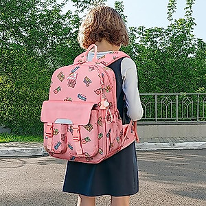 HTWO school backpack for girls cute cartoon bookbag Spinal protection kids travel backpacks for girl with Gift pendant (Pink)