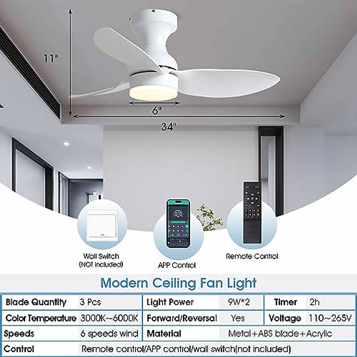 Surtime Low Profile Flush Mount Ceiling Fans with Lights and Remote&APP,34in White Modern Ceiling Fans for Outdoor Patio,Small Room,Bedroom,6 Speeds Reversible,3 Colors Lights Dimmable