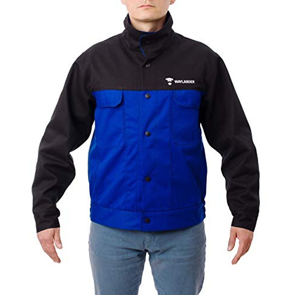 Waylander Flame Resistant FR Cotton Welding Jacket with Snap Button Front and Wrist Closures - Black/Blue (MEDIUM)