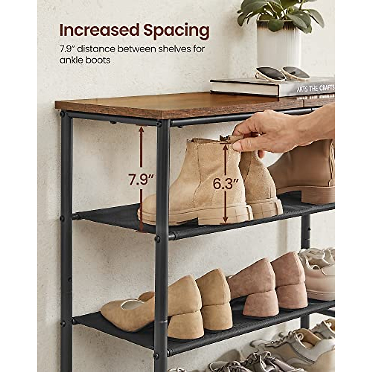 VASAGLE 5 Tier Extra Long Shoe Rack, 39.4 Inches Shoe Organizer with 8 Side Pockets, Shoe Shelf for Closet Entryway, with 4 Fabric Shelves, Steel Frame, Industrial, Rustic Brown and Black ULBS039B01