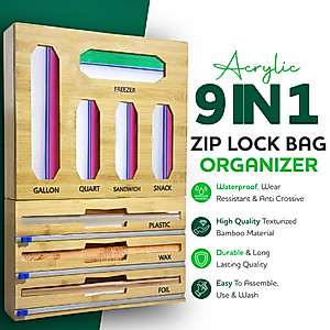 Bamboo Zip Lock Bag Kitchen Drawer Organizer - 9-in-1 Wrap Dispense with Cutter, Compatible with Gallon, Quart, Sandwich, and Snack Bags