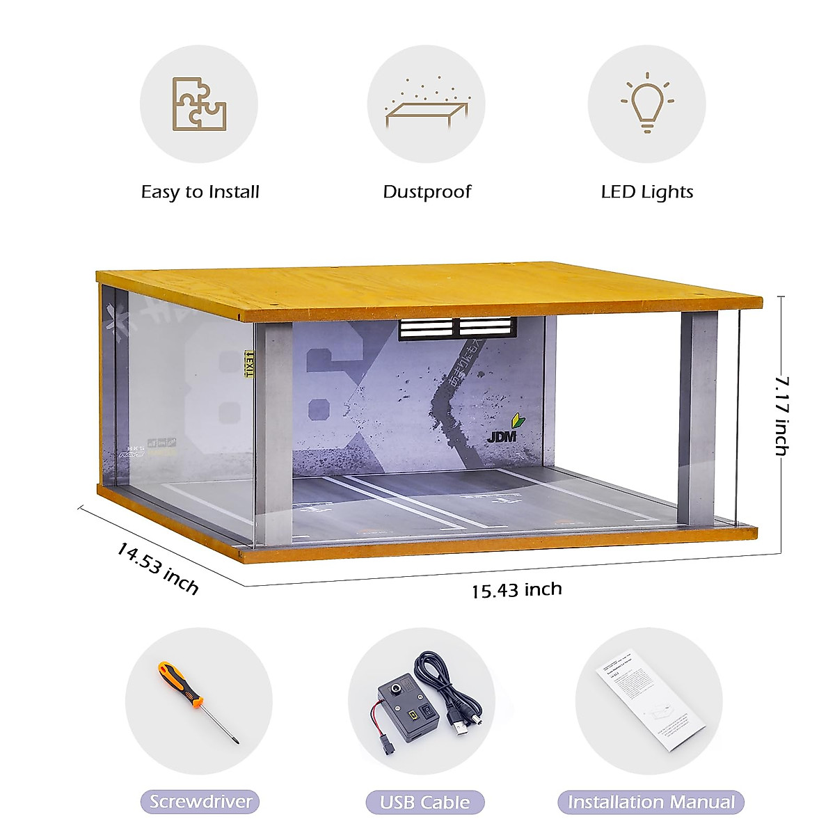 cxiiuui 1/18 Scale Display Case Car Garage Moldel with LED Light and Acrylic Cover Wooden Diecast Car Show Case 2 Parking Spaces Grey
