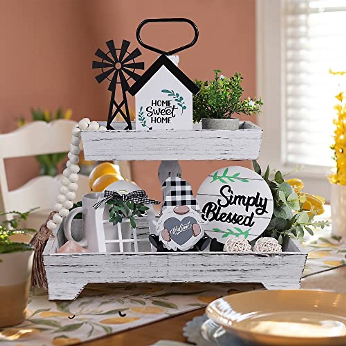 Eufrozy 11pcs Farmhouse Tiered Tray Decor Set, Rustic Tier Tray Decorations with Black and White Buffalo Plaid Gnome Ornaments Wooden Home Sweet Home Sign for Kitchen Table Decor Summer Housewarming