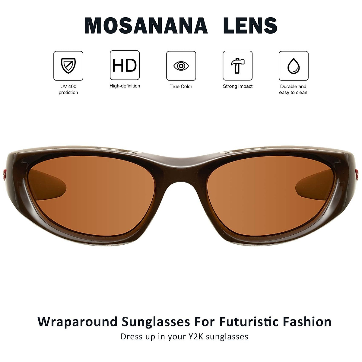 mosanana Y2k Wrap around Sunglasses for Women Men Trendy Cool Cute Funky Fashion Retro Vintage Brown Unique Stylish 90s Aesthetic Shade Sunnies Futuristic Chunky Cyber Ladies Sun Glasses Frame Freak