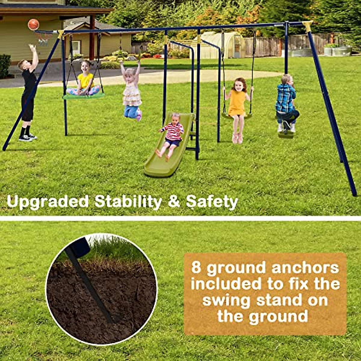 HONEY JOY Swing Sets for Backyard, 660lbs 7-in-1 Heavy Duty Swing Set w/A-Frame Metal Swing Stand, 2 Swings, Glider, Gym Rings, Slide, Monkey Bar,Basketball Hoop, Swingset Outdoor for Kids 3-12