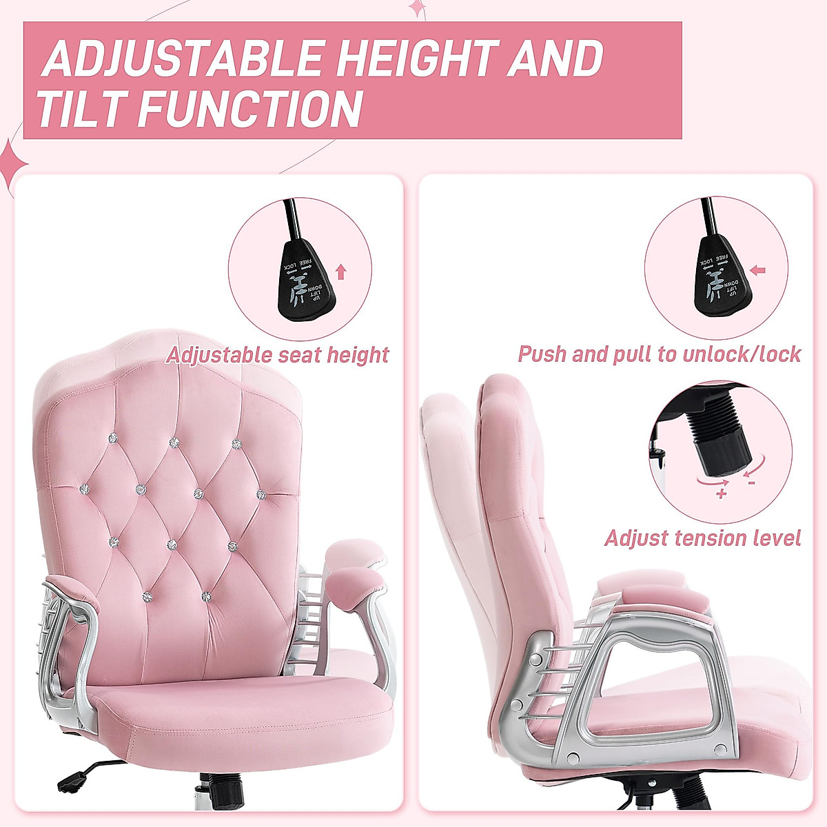Vinsetto Home Office Chair, Velvet Computer Chair, Button Tufted Desk Chair with Swivel Wheels, Adjustable Height, and Tilt Function, Pink