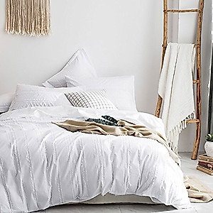 Merryfeel Duvet Cover Set Queen,100% Cotton White Textured Striped Duvet Cover with Pillowshams,3 Pieces Bedding Set-White Stripe Full/Queen